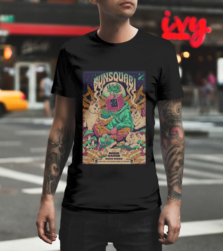 Sunsquabi Levitt Pavilion Denver Show June 13 2026 Free With Chris Karns Drew Birch T-Shirt