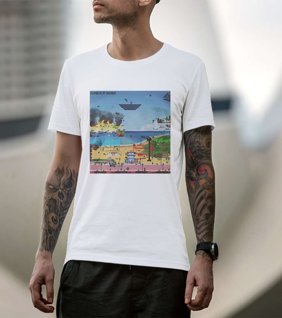 Super Flat World Cartoon Pixel Art Adventure Beach Cityscape Fantasy T-Shirt