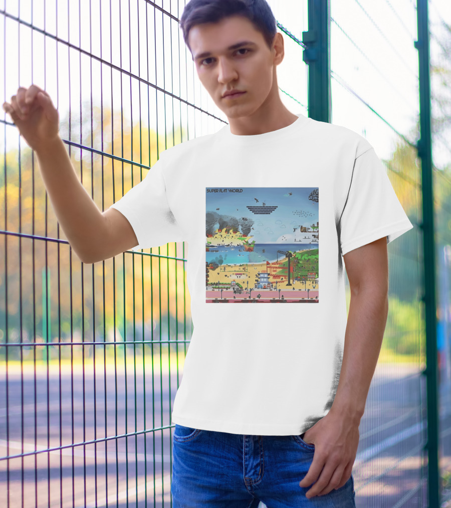 Super Flat World Cartoon Pixel Art Adventure Beach Cityscape Fantasy T-Shirt