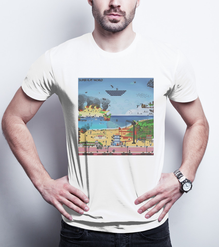 Super Flat World Cartoon Pixel Art Adventure Beach Cityscape Fantasy T-Shirt