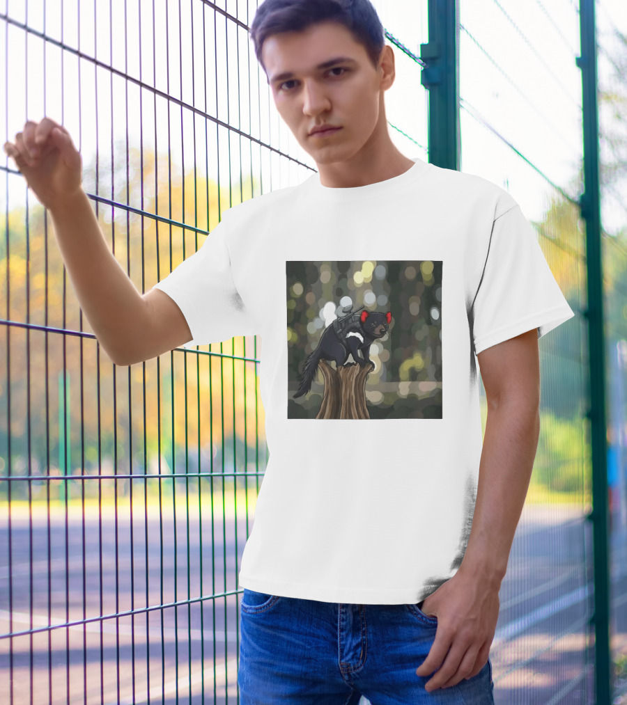 Tasmanian Devil With Machine Gun Cartoon On Tree Stump T-Shirt