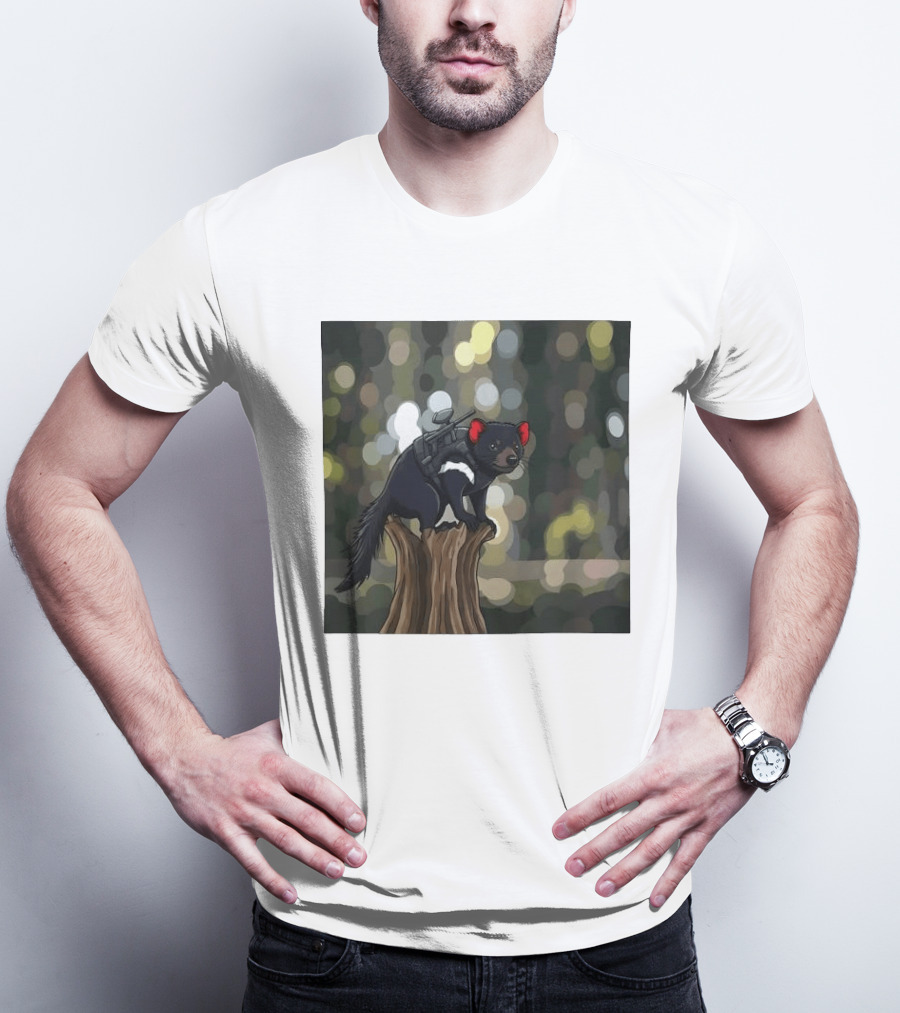 Tasmanian Devil With Machine Gun Cartoon On Tree Stump T-Shirt