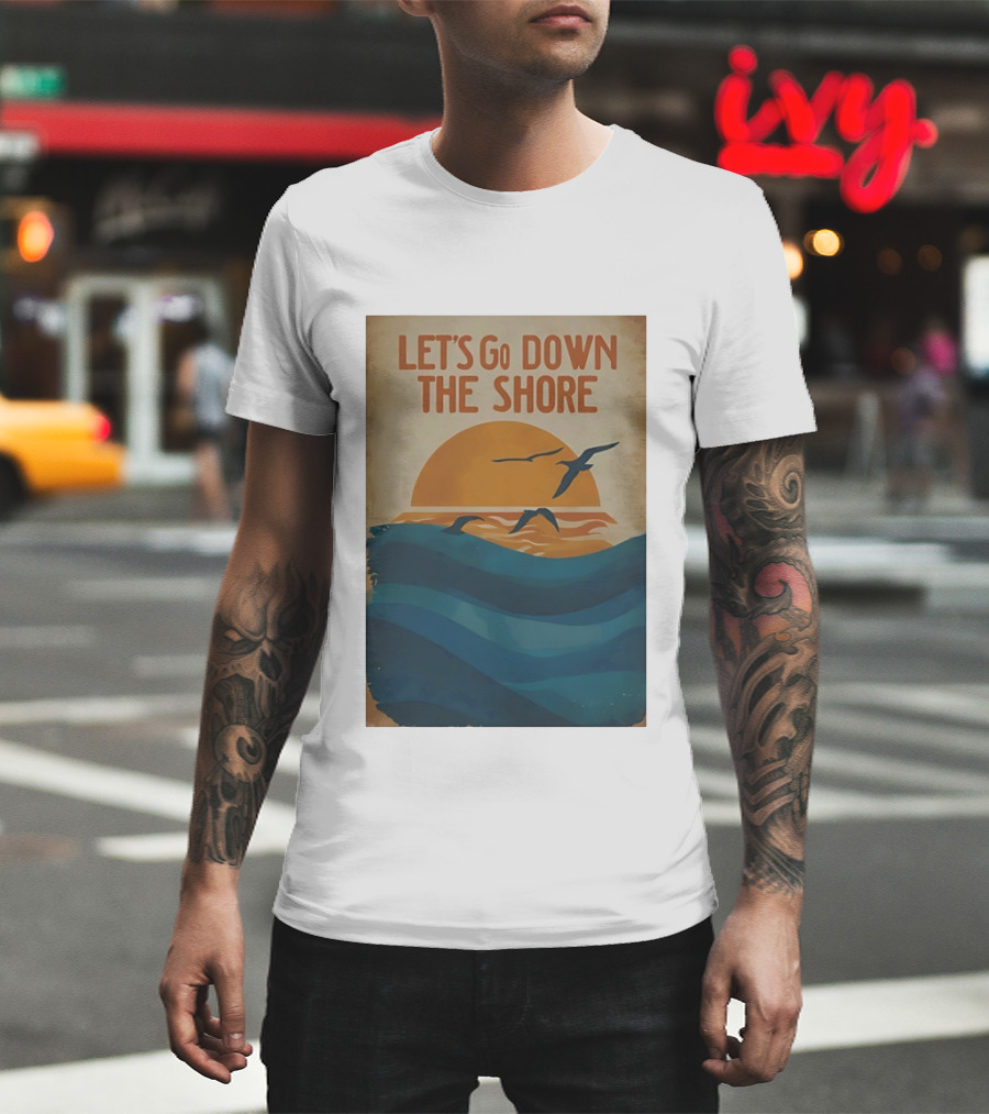 Let's Go Down The Shore Seaside Sunset Ocean Waves And Seagulls T-Shirt