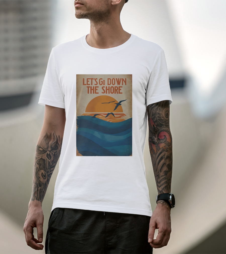 Let's Go Down The Shore Seaside Sunset Ocean Waves And Seagulls T-Shirt