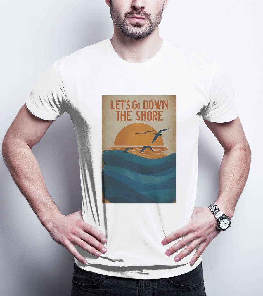 Let's Go Down The Shore Seaside Sunset Ocean Waves And Seagulls T-Shirt