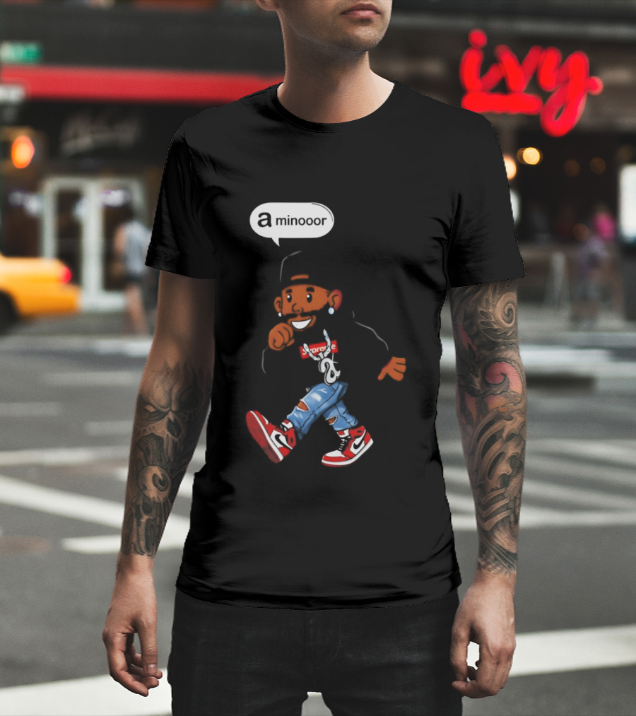 Kendrick Lamar Streetwear Cartoon Miniooor Red Sneakers Blue Jeans T-Shirt