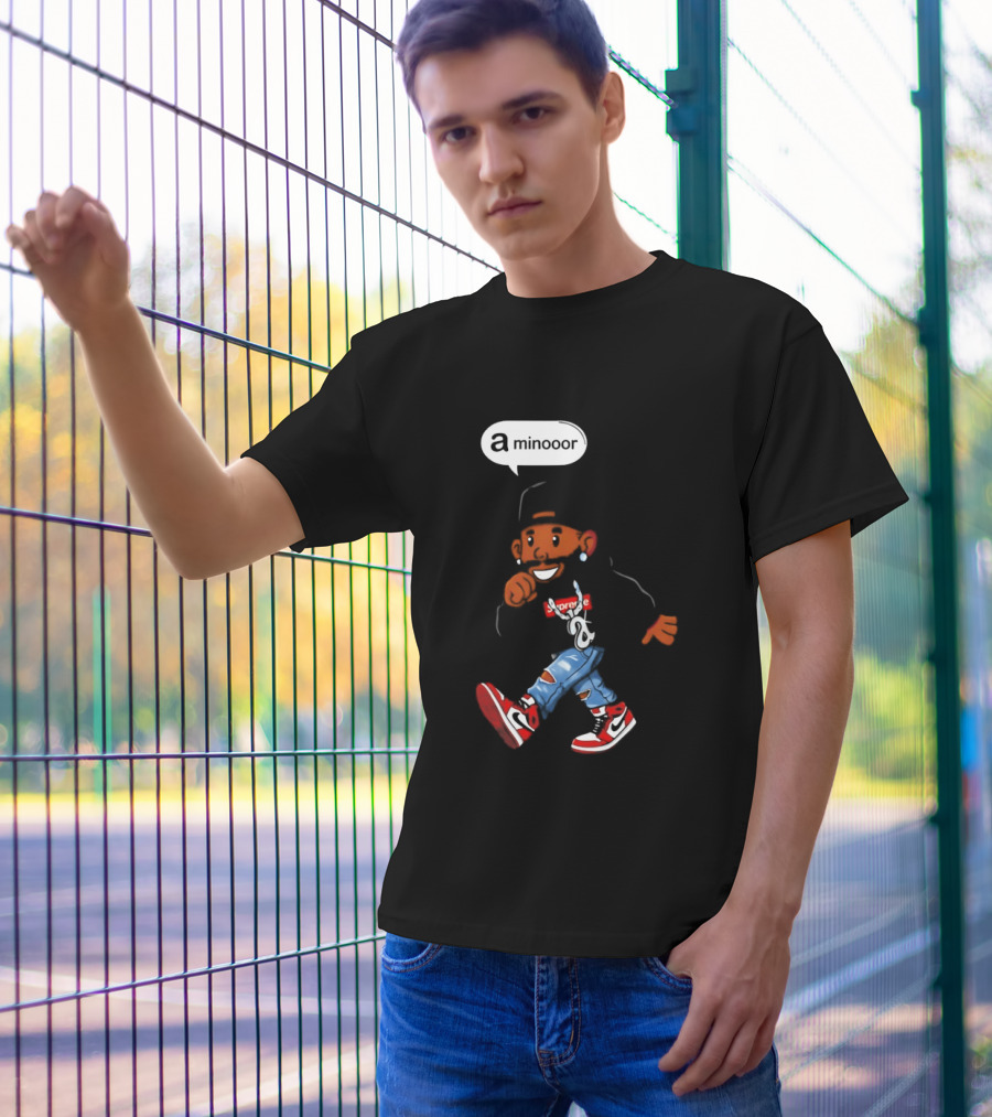 Kendrick Lamar Streetwear Cartoon Miniooor Red Sneakers Blue Jeans T-Shirt