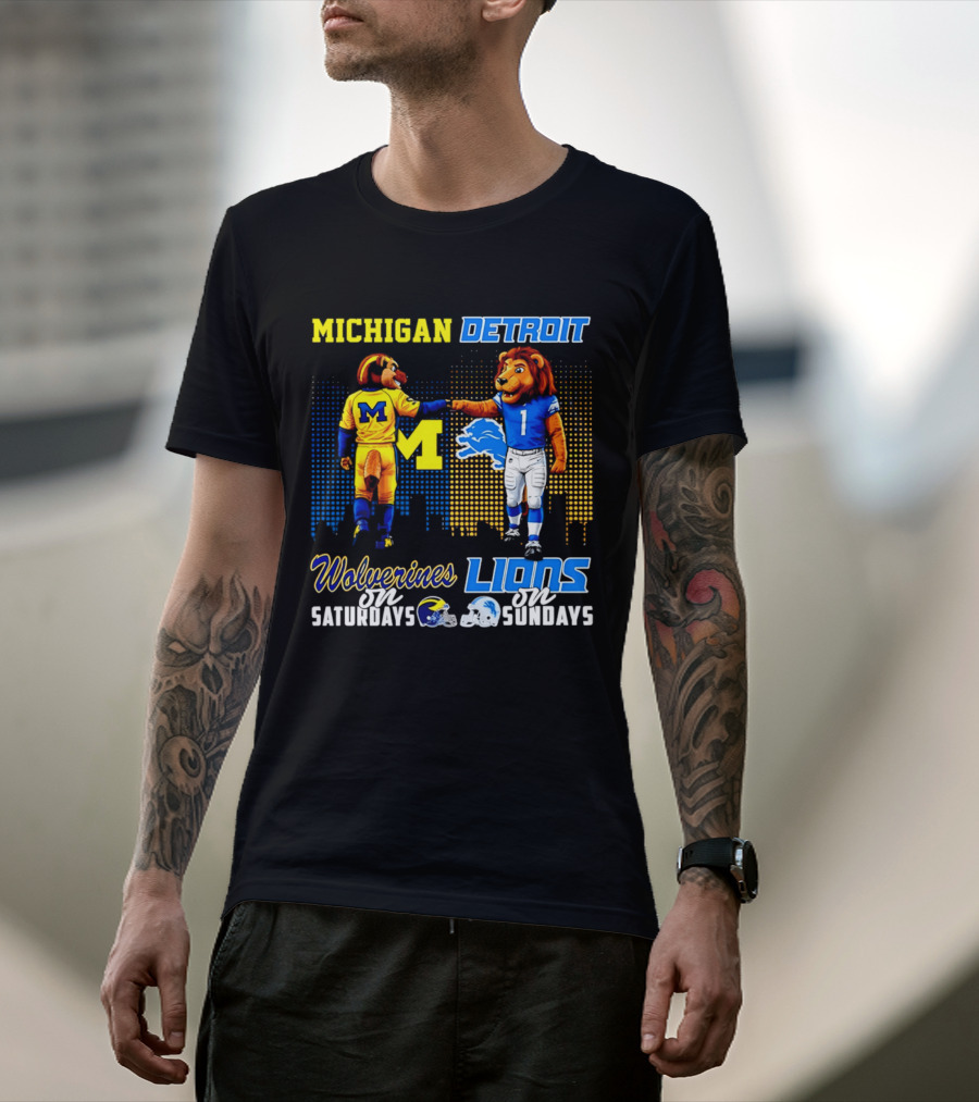 Michigan Wolverines Saturdays Detroit Lions Sundays Skyline T-Shirt