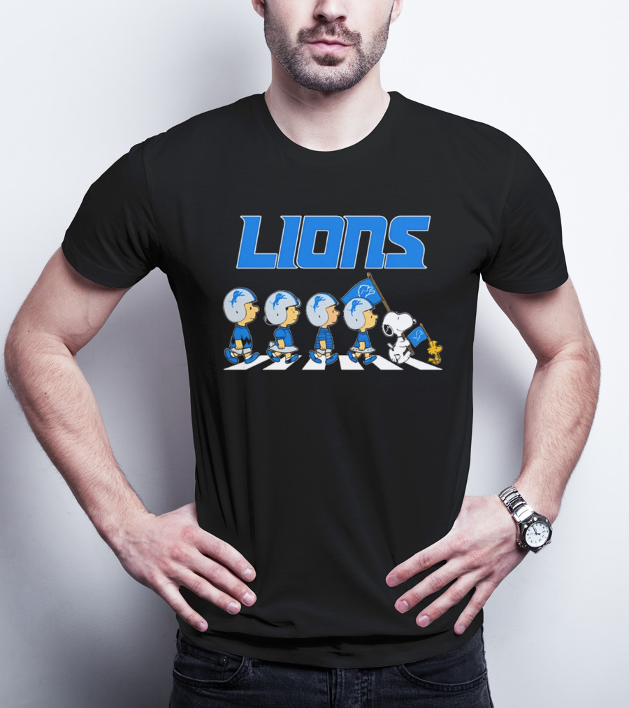 Peanuts Detroit Lions Football Flag Walking Abbey Road T-Shirt