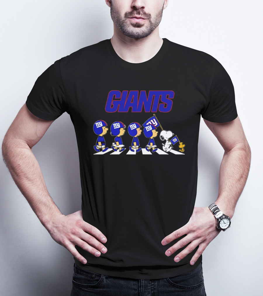 Peanuts Characters Walking With Giants Football Helmets And NY Flag T-Shirt