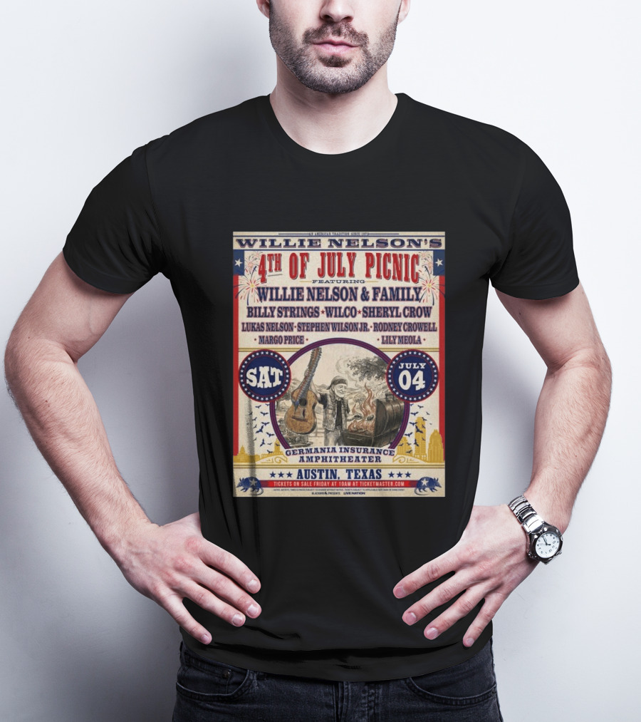 Willie Nelson's 4th Of July Picnic Willie Nelson & Family Billy Strings Wilco Sheryl Crow Austin Texas Germania Insurance Amphitheater July 4 2026 T-Shirt