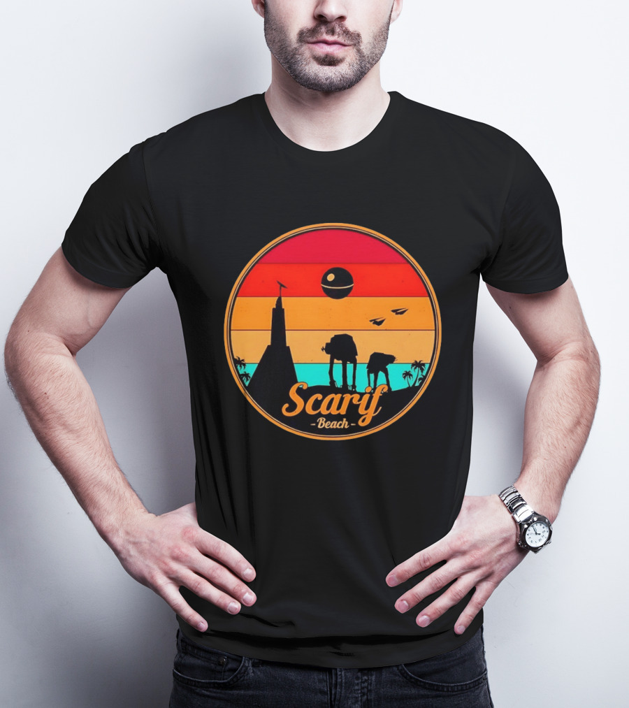 Scarif Beach Sunset With AT ACT Walkers And Death Star T-Shirt