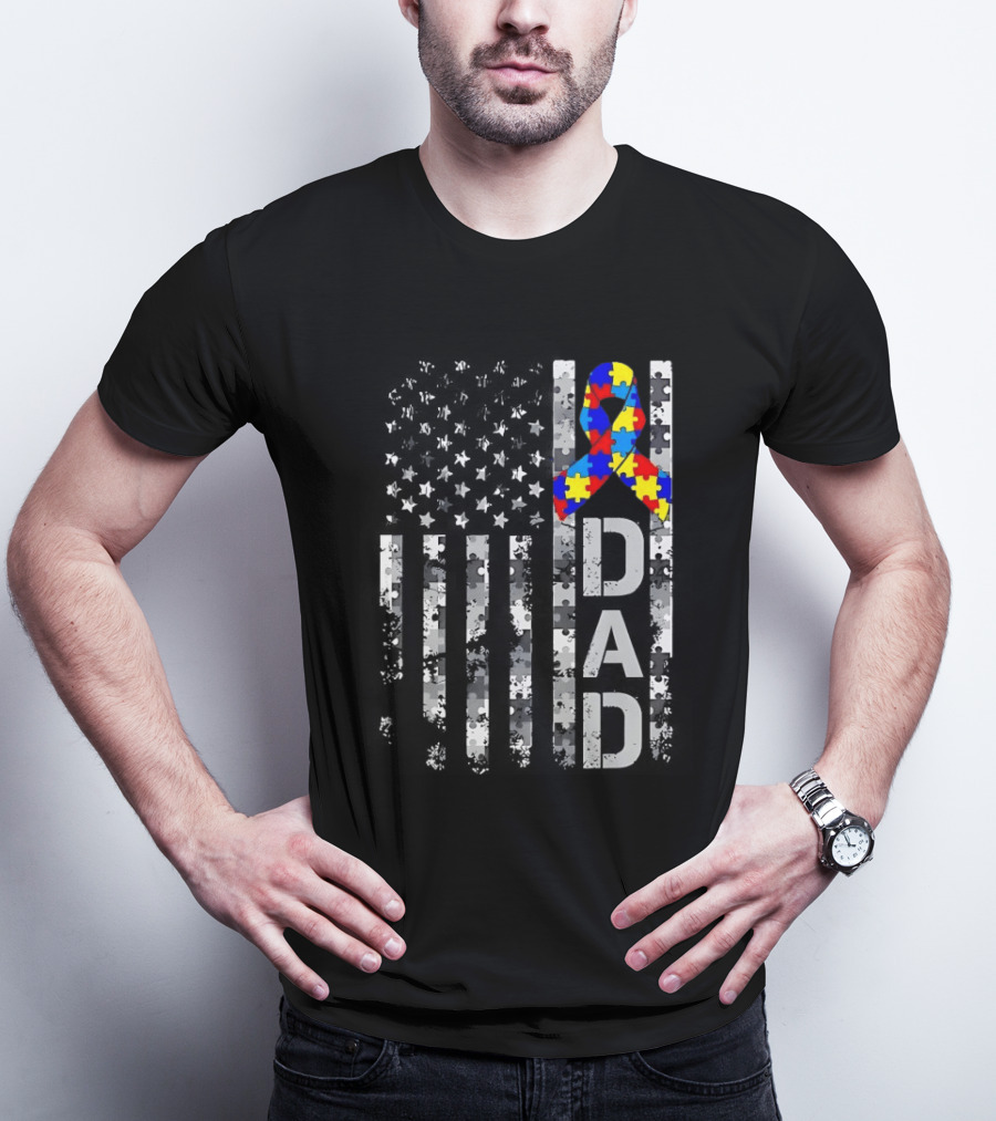 USA Flag With Autism Awareness Puzzle Ribbon Dad Fathers Day T-Shirt