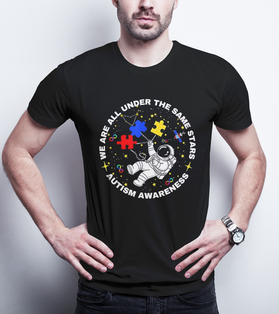 We Are All Under The Same Stars Autism Awareness Astronaut Puzzle Pieces T-Shirt