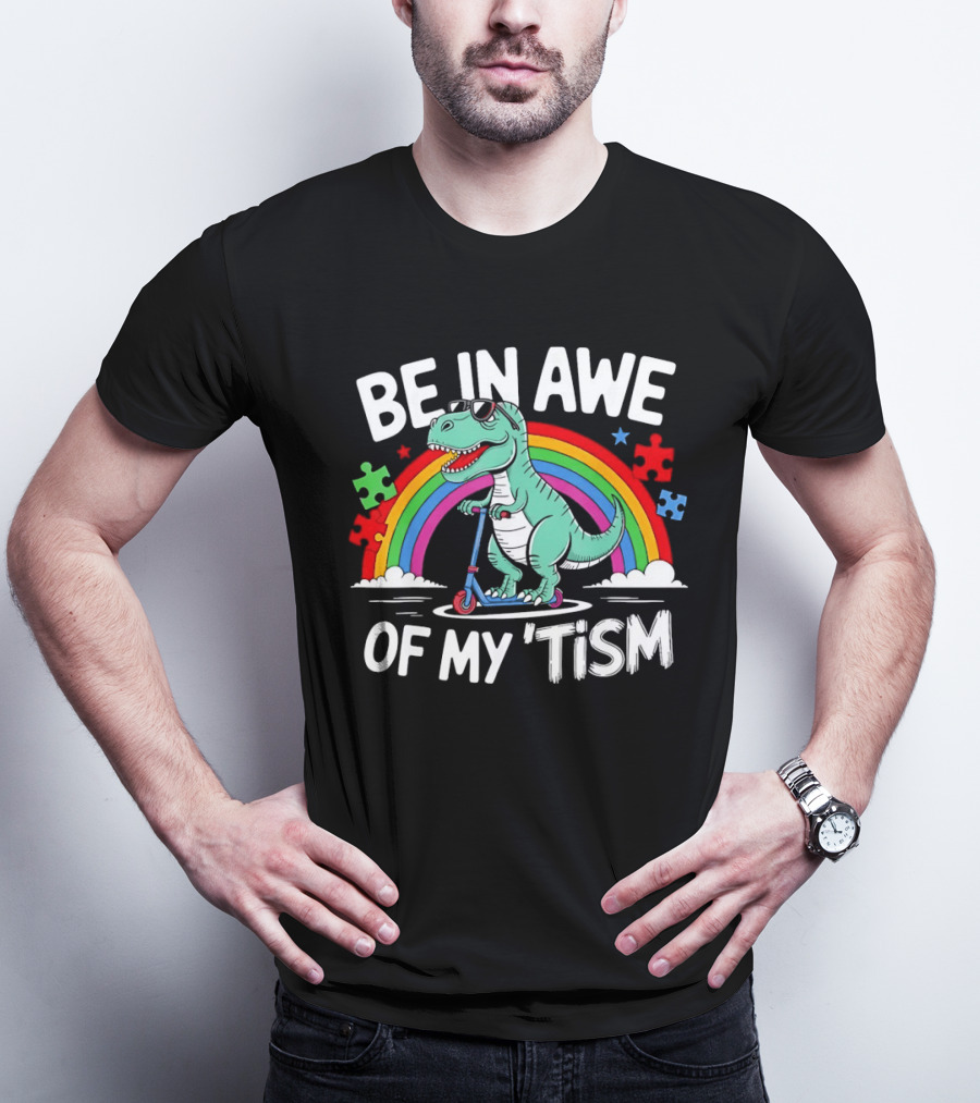 Be In Awe Of My Tism Rex Dinosaur Autism Awareness Rainbow Puzzle T-Shirt