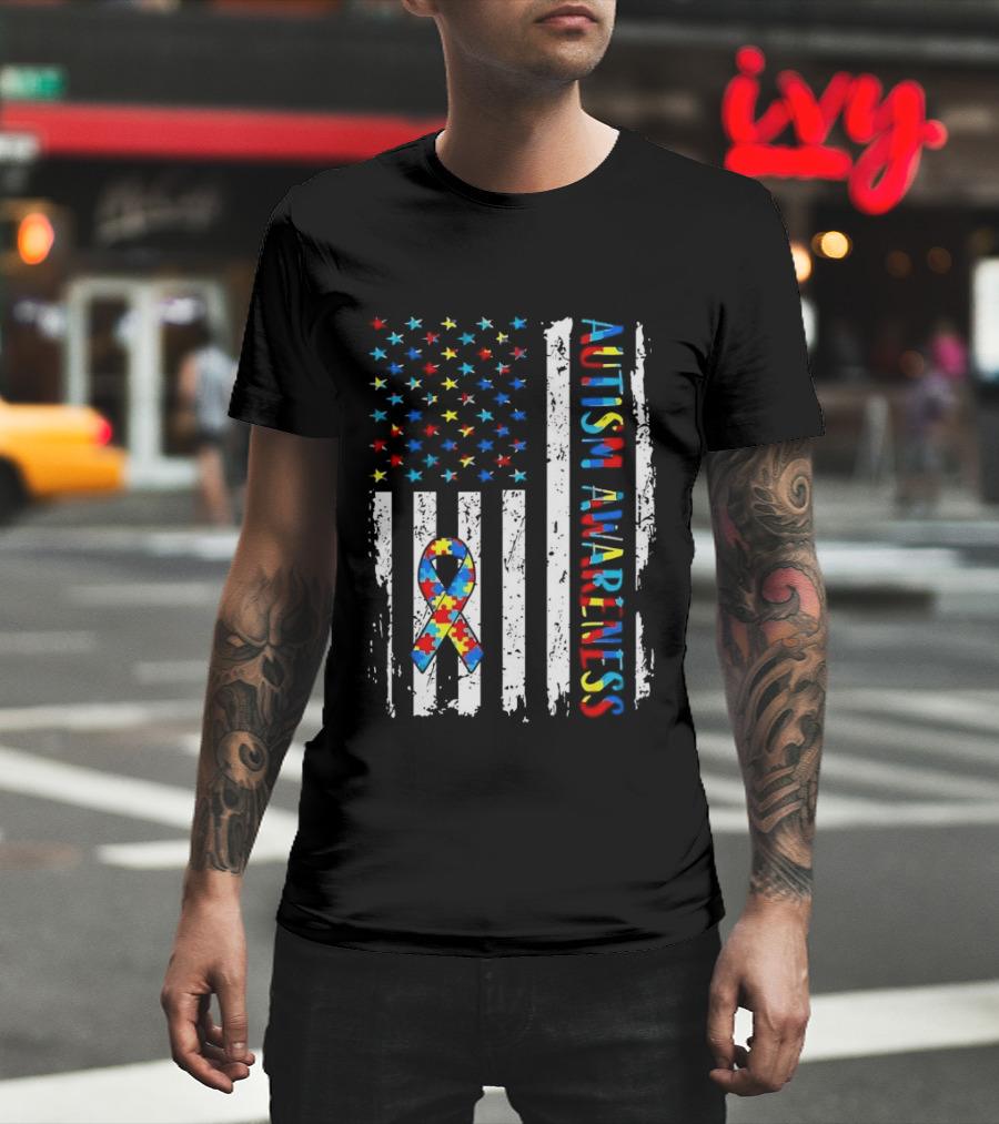 USA Flag Autism Awareness Ribbon Puzzle Pieces T-Shirt