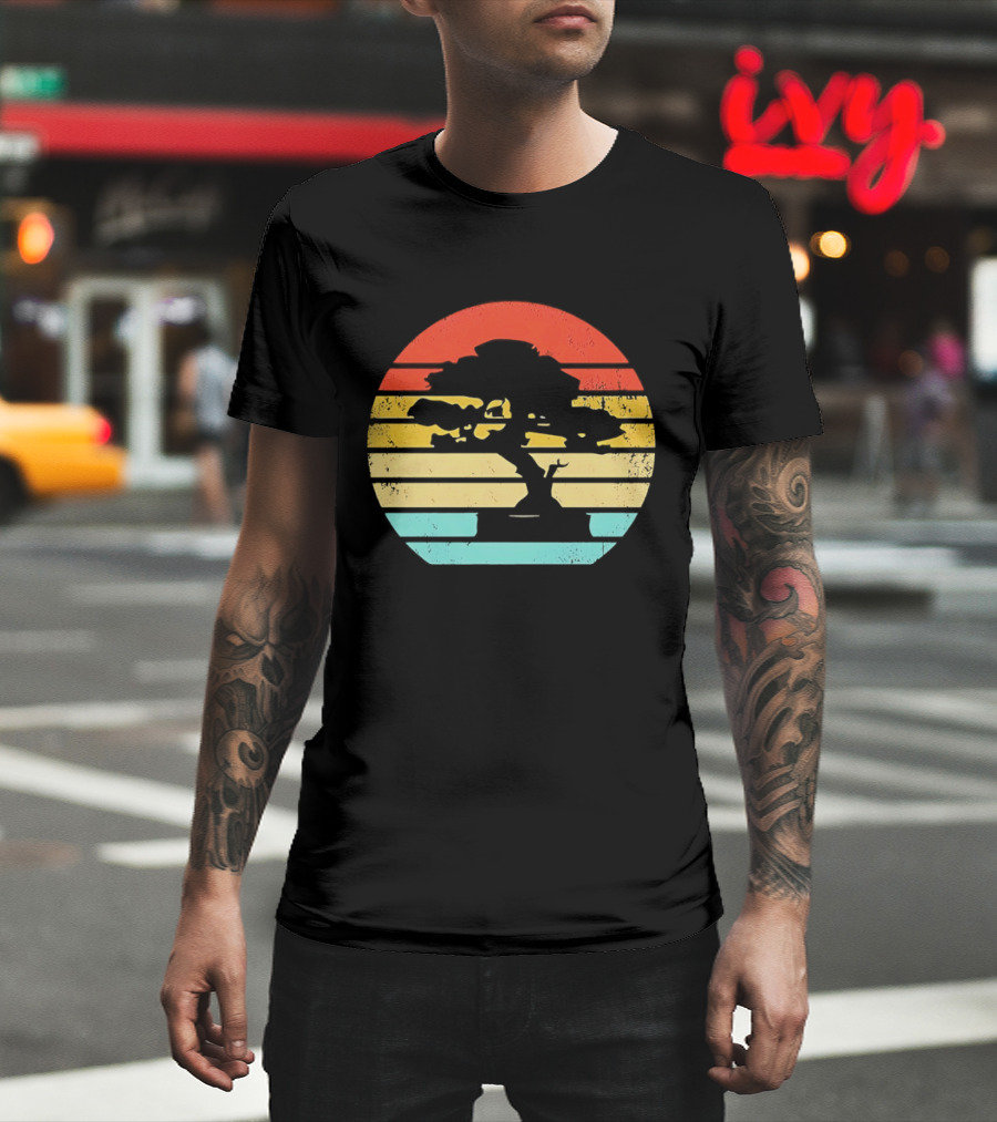 Bonsai Tree Silhouette Japan Retro Sunset T-Shirt