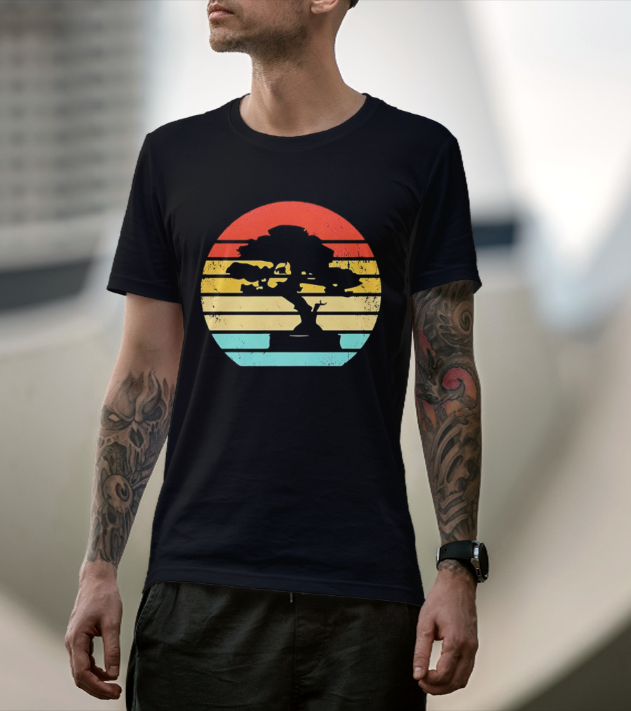Bonsai Tree Silhouette Japan Retro Sunset T-Shirt