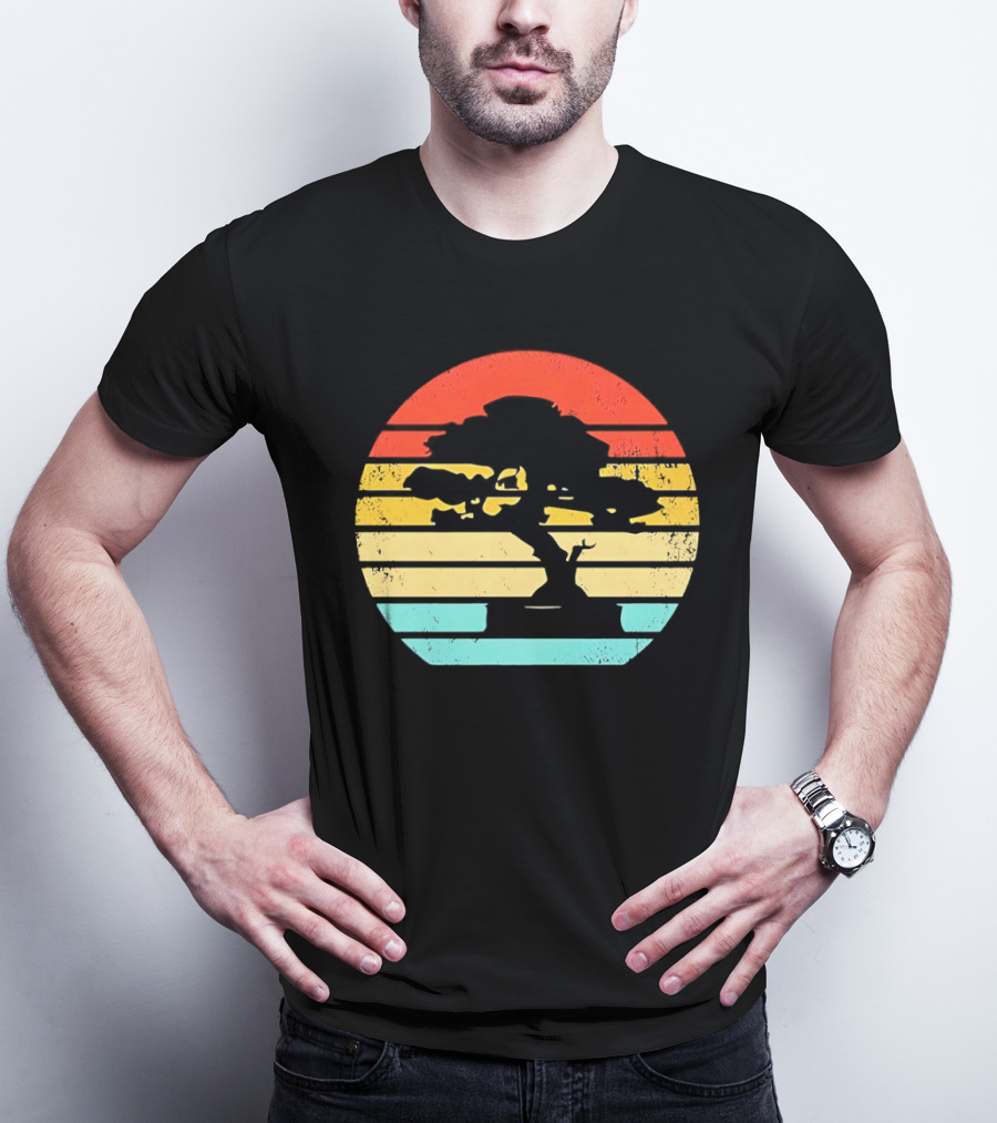Bonsai Tree Silhouette Japan Retro Sunset T-Shirt