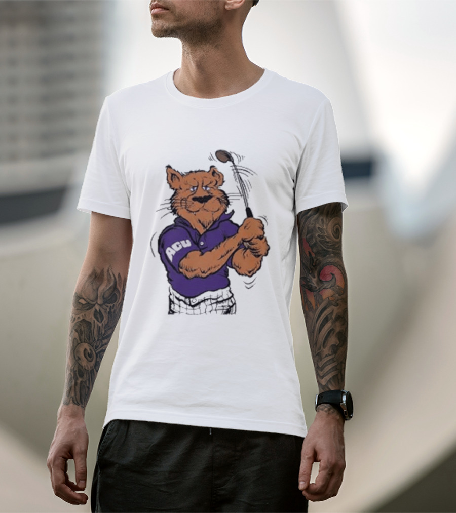 ACU Golf Puma In Purple Polo Swinging A Club T-Shirt