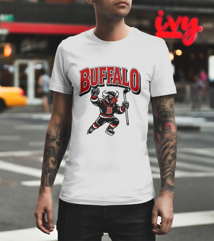 Buffalo Sabres Hockey Bull Holding Stick Retro Sports Team T-Shirt