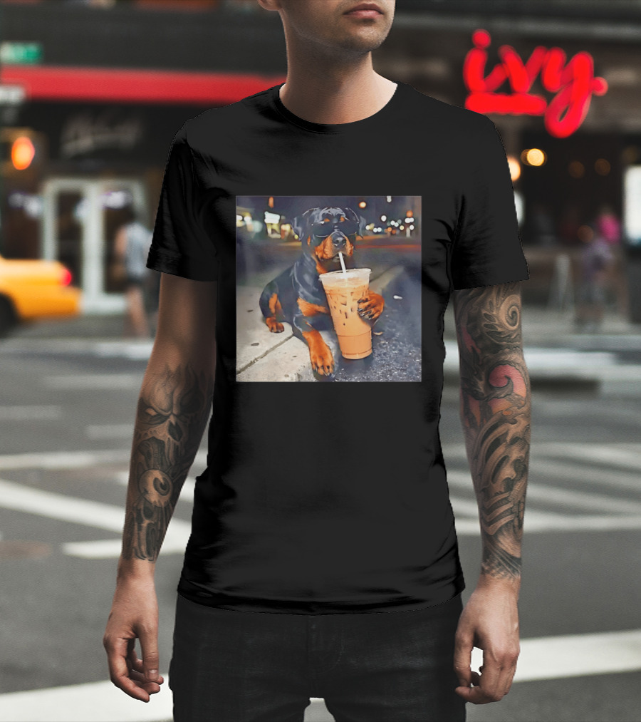 Rottweiler Drinking Iced Coffee Wearing Sunglasses Funny Dog T-Shirt