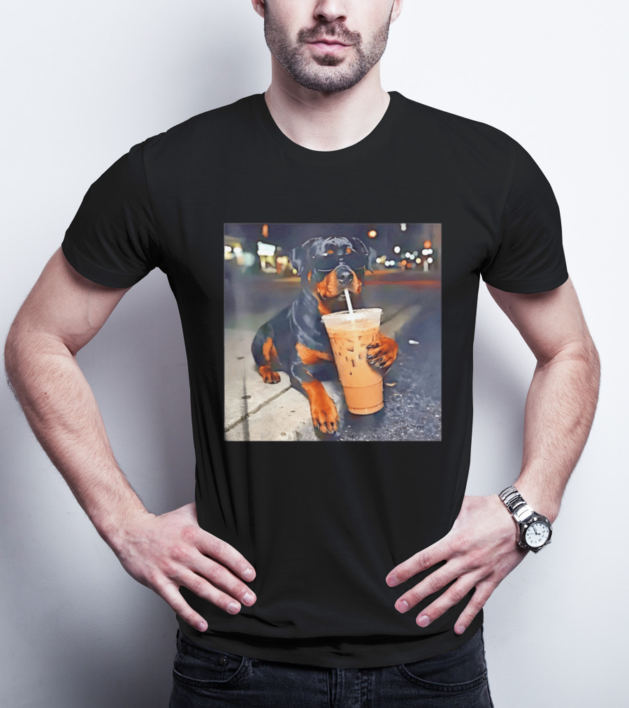 Rottweiler Drinking Iced Coffee Wearing Sunglasses Funny Dog T-Shirt