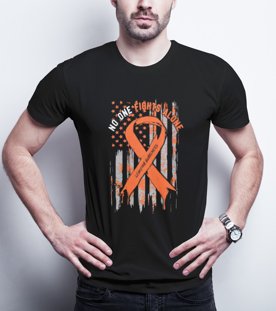 No One Fights Alone Leukemia Awareness Orange Ribbon American Flag T-Shirt