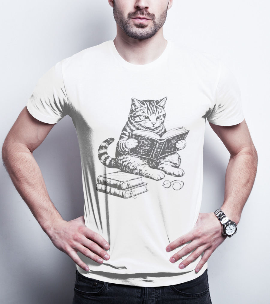Tabby Cat Sitting And Reading Book With Stacked Books Beneath T-Shirt