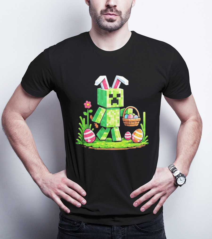 Creeper Rabbit Ears Easter Egg Hunt Gamer Pixel T-Shirt