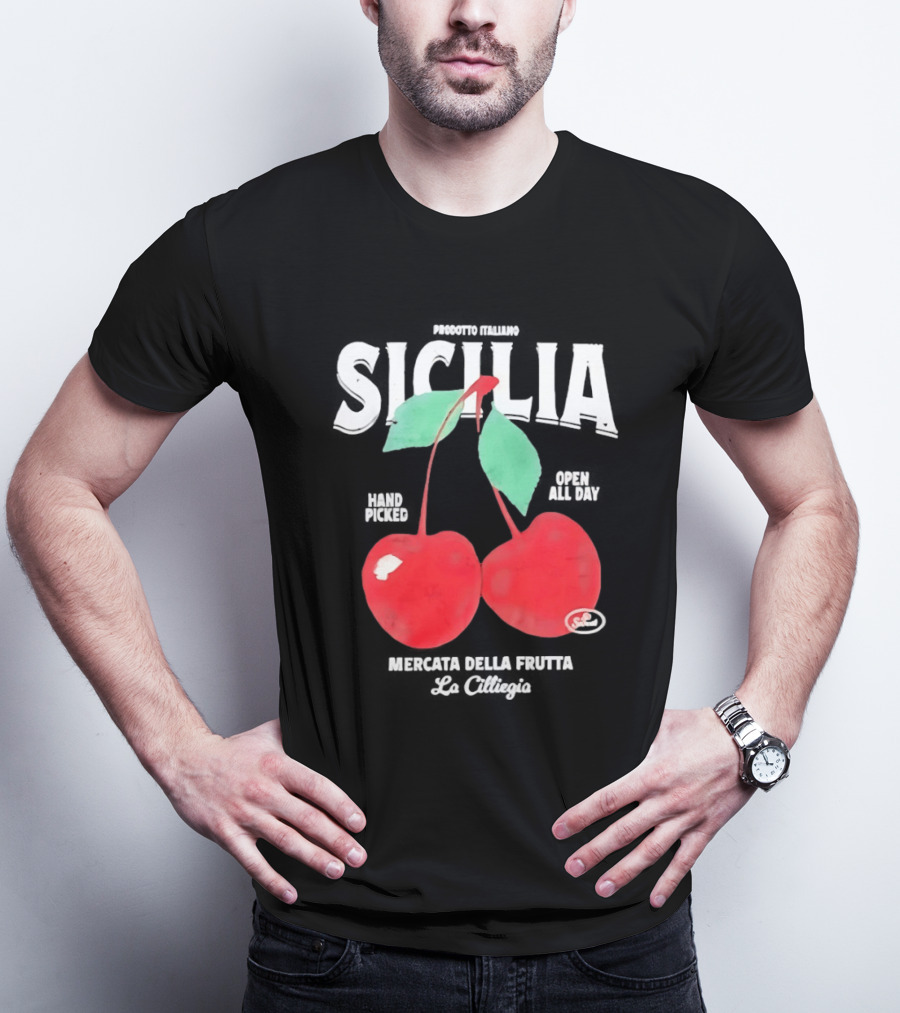 Prodotto Italiano Sicilia Mercatino Della Frutta La Ciliegia Hand Picked Open All Day Cherries T-Shirt