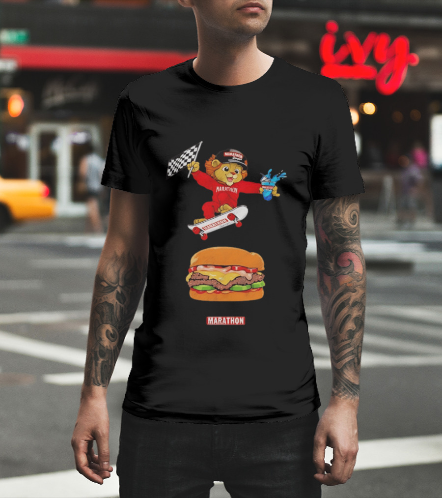 Marathon Lion Skateboarding Checkered Flag Cheeseburger T-Shirt