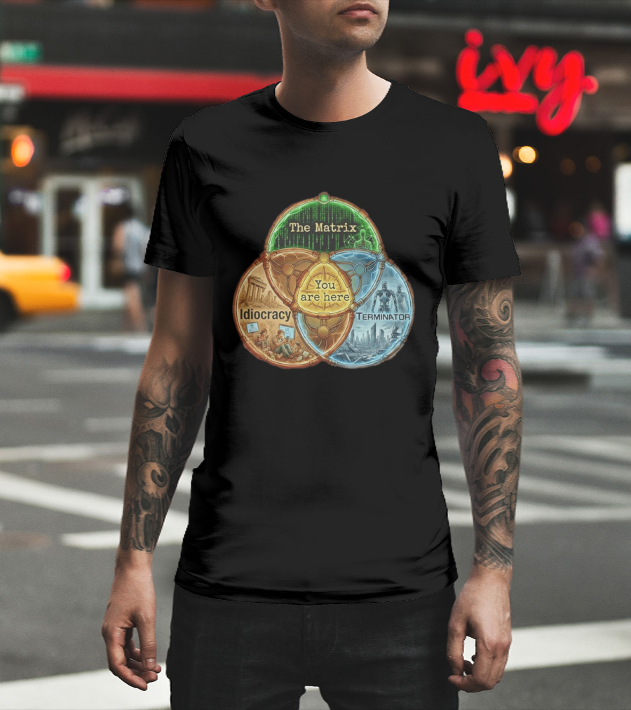 The Matrix Idiocracy Terminator You Are Here Fusion Of Iconic Sci Fi Dystopias T-Shirt
