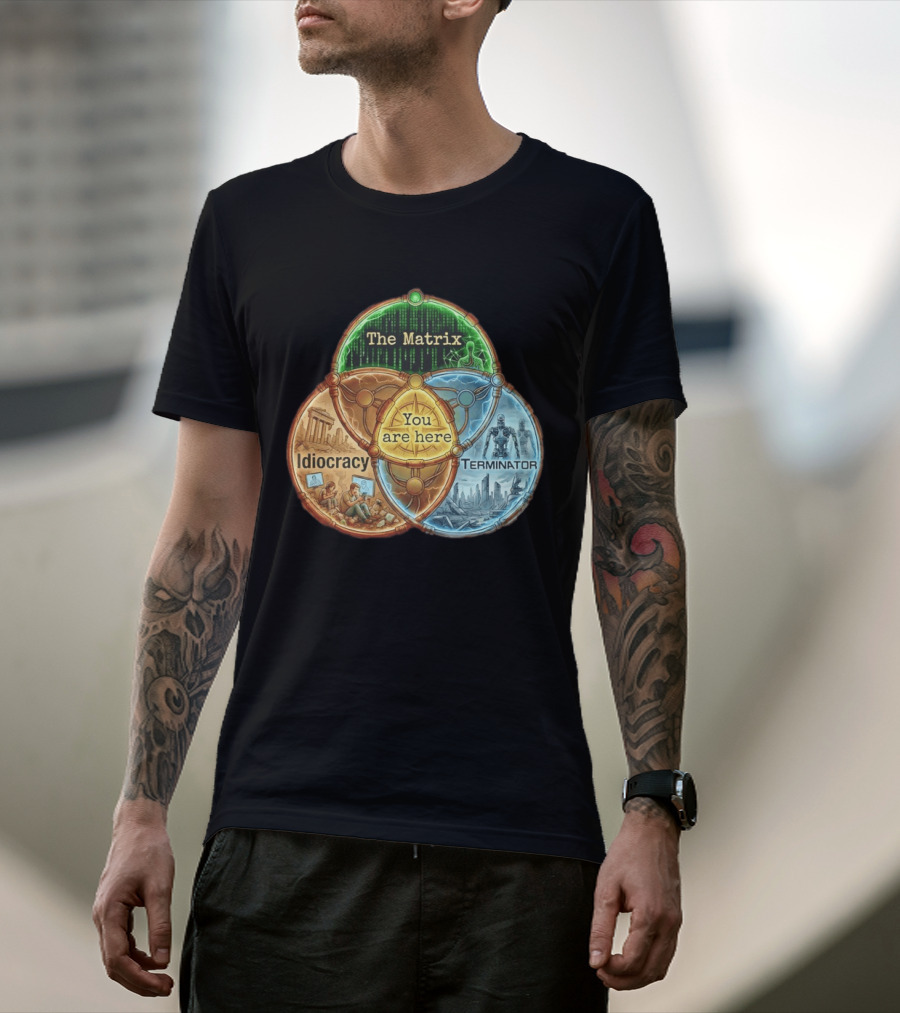 The Matrix Idiocracy Terminator You Are Here Fusion Of Iconic Sci Fi Dystopias T-Shirt