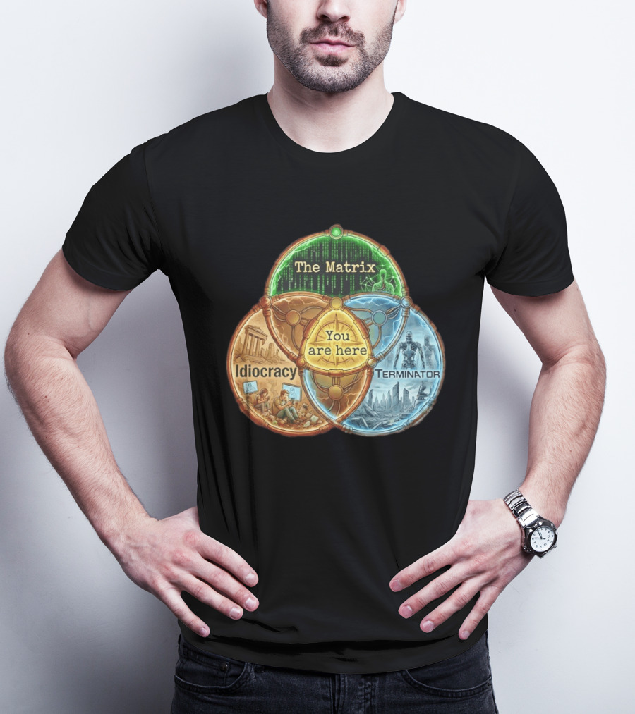 The Matrix Idiocracy Terminator You Are Here Fusion Of Iconic Sci Fi Dystopias T-Shirt