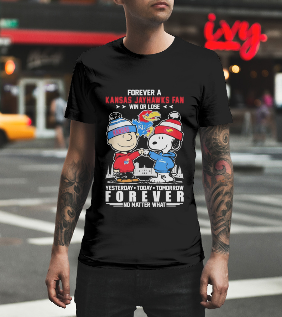 Kansas Jayhawks Fan Snoopy And Charlie Brown Win Or Lose Forever No Matter What T-Shirt