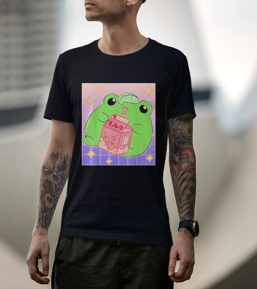 Frog With Peach Milk Box Kawaii Cartoon T-Shirt