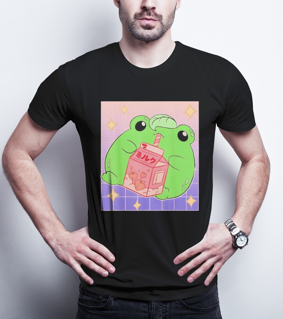 Frog With Peach Milk Box Kawaii Cartoon T-Shirt