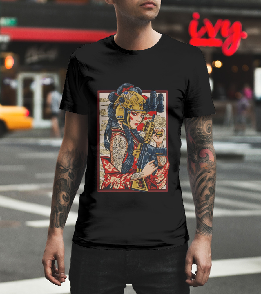 Geisha Anime Tactical Card Warrior With Helmet And Rifle T-Shirt