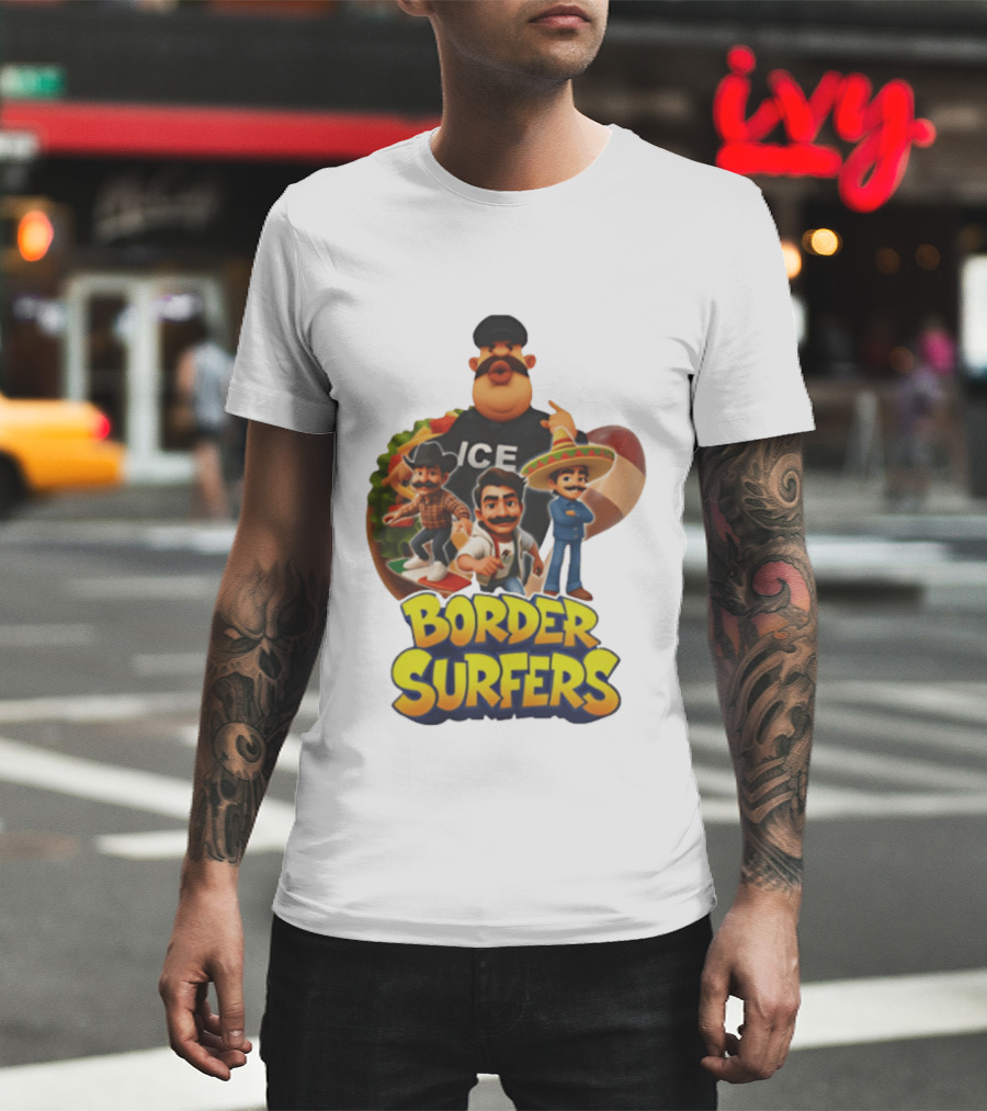 Border Surfers ICE Cartoon Characters Mexican Hat T-Shirt