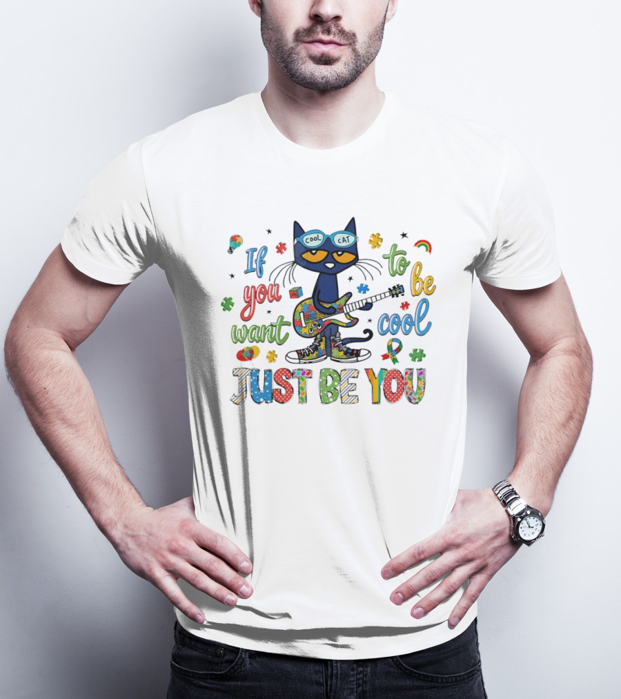 Cool Cat Just Be You Autism Puzzle Guitar T-Shirt
