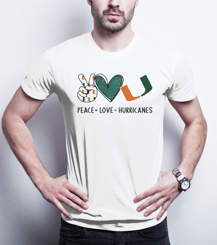 Peace Love Hurricanes Miami Hurricanes Football Hand Sign Heart Shape T-Shirt