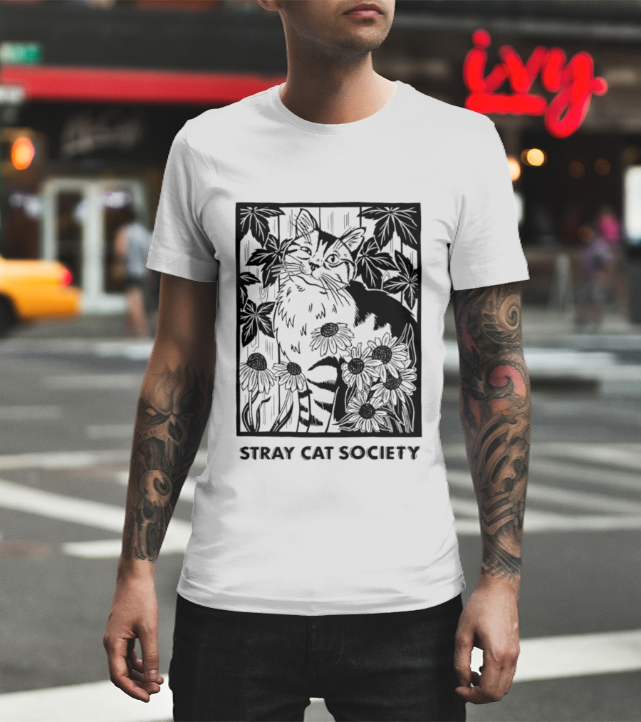 Stray Cat Society Floral And Feline Illustration With Botanical T-Shirt