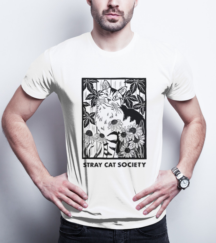Stray Cat Society Floral And Feline Illustration With Botanical T-Shirt