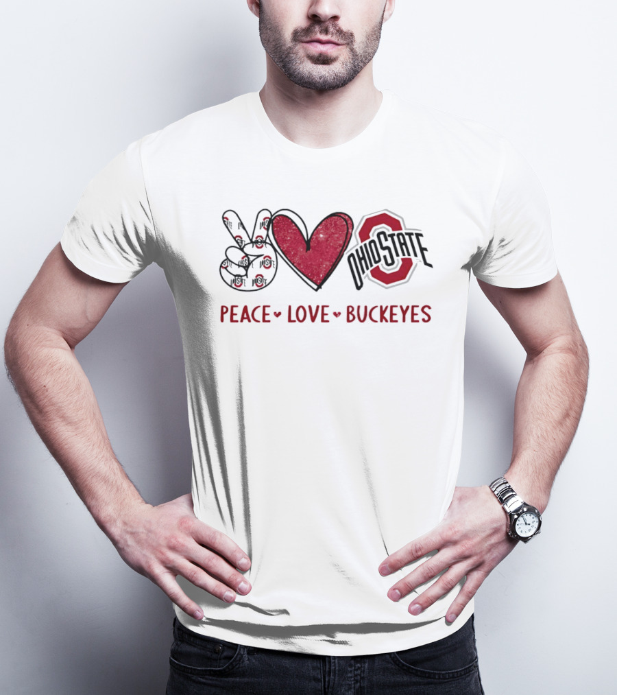 Ohio State Buckeyes Peace Love Buckeyes Hand Sign Heart Shape T-Shirt