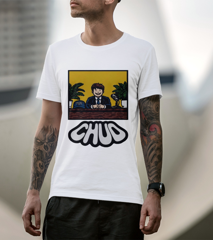 Fuentes Store Chud Comic Style Desk Scene With Microphone And Cap T-Shirt