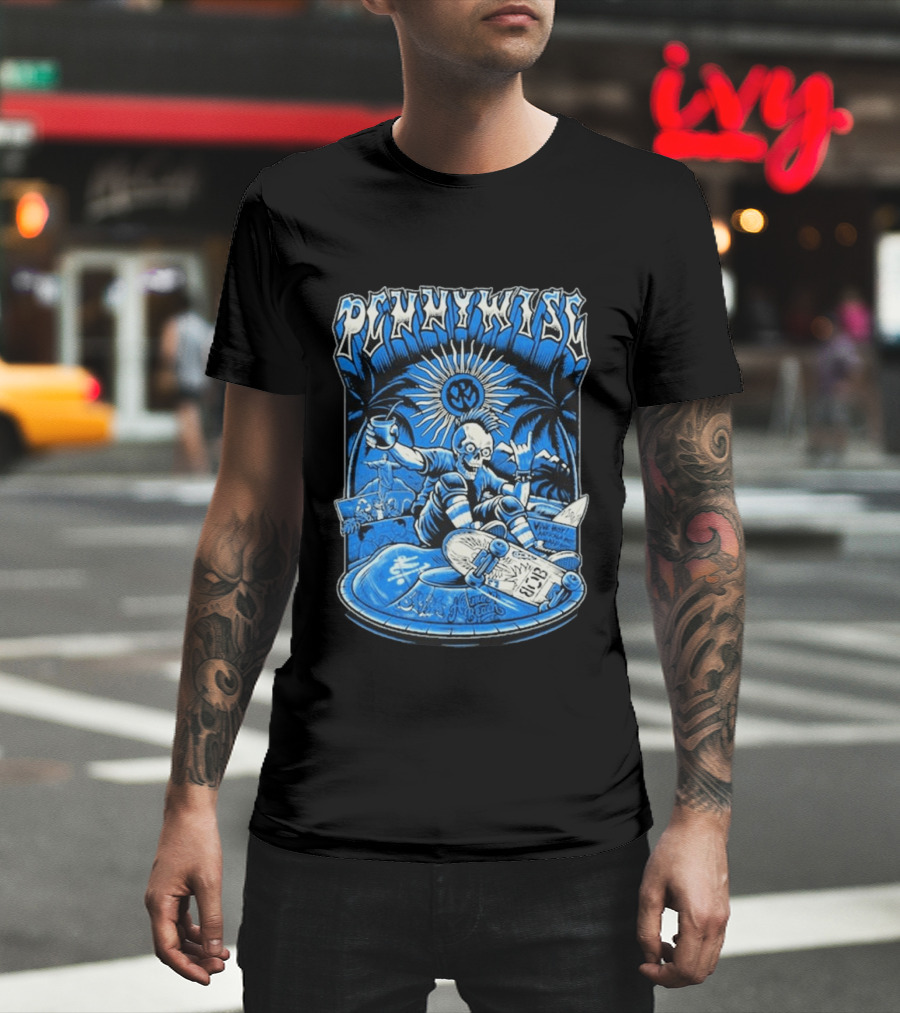 Pennywise South America Tour 2026 Skater Beach Scene With Skeleton And Skateboard Palms Waves Cup Blue Sunburst T-Shirt