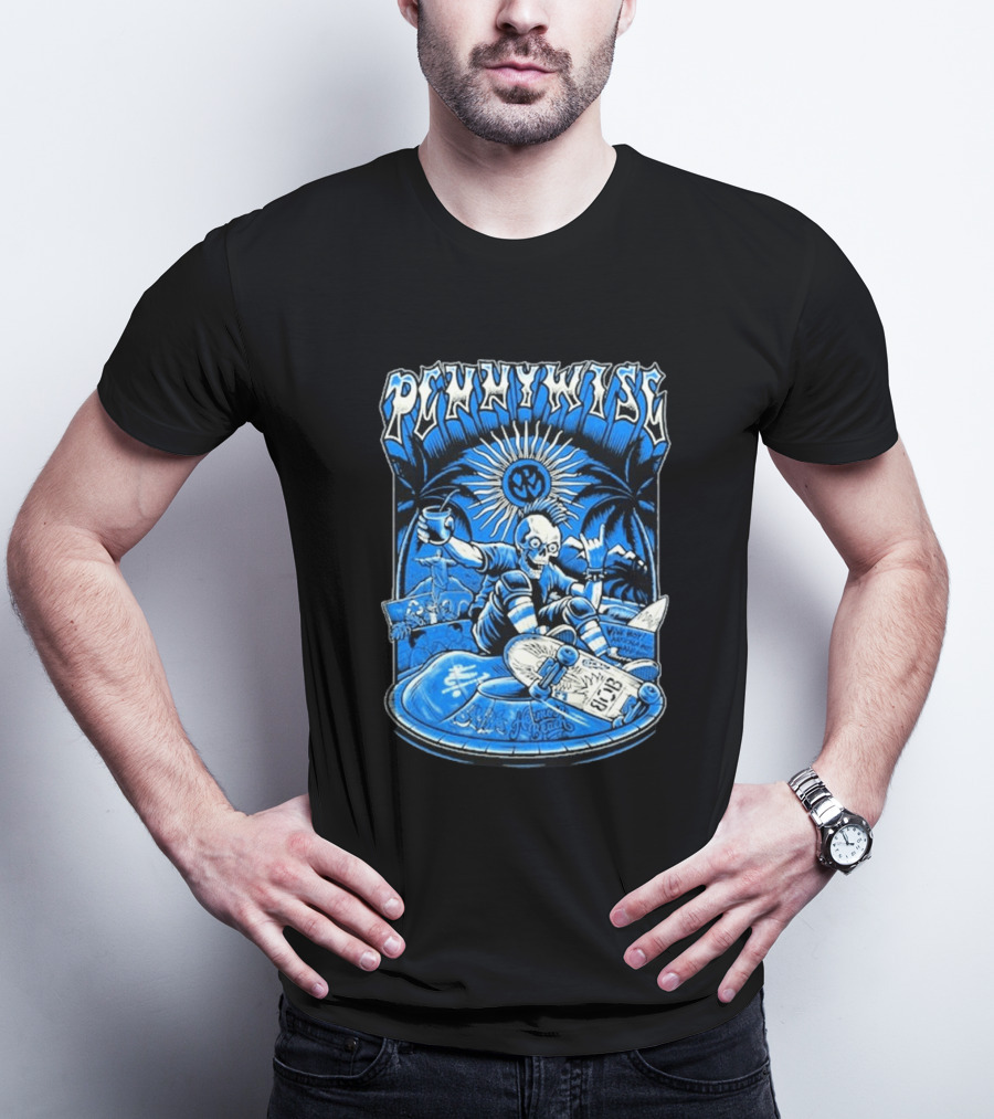 Pennywise South America Tour 2026 Skater Beach Scene With Skeleton And Skateboard Palms Waves Cup Blue Sunburst T-Shirt