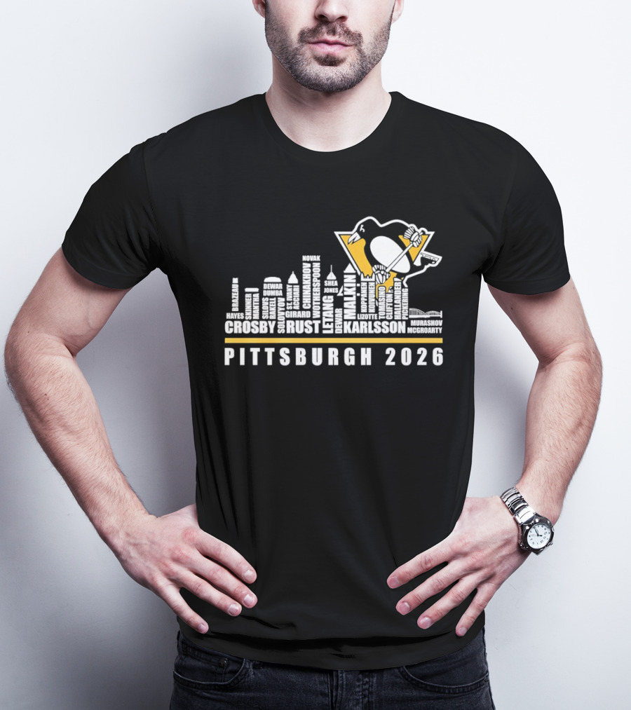 Pittsburgh 2026 Crosby Malkin Letang Guentzel Karlsson Hockey Team Skyline T-Shirt