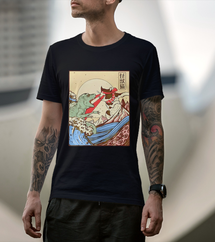 Japanese Great Wave Cat Vs Monster Classic Kaiju T-Shirt